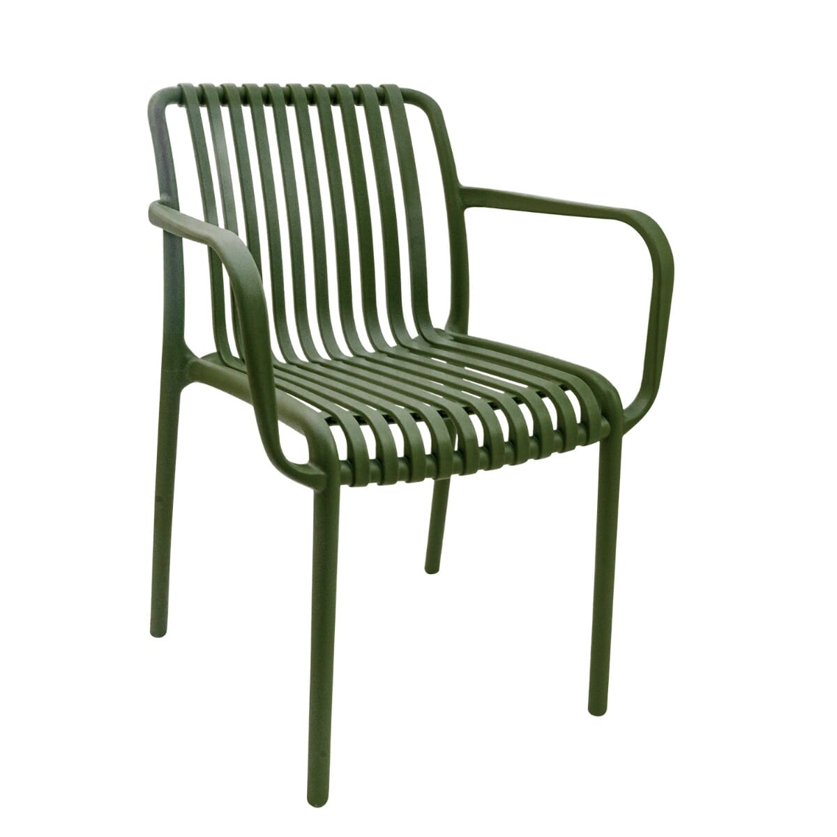 Stackable Indoor Outdoor Arm Resin Chair With Striped Seat and Back in Green