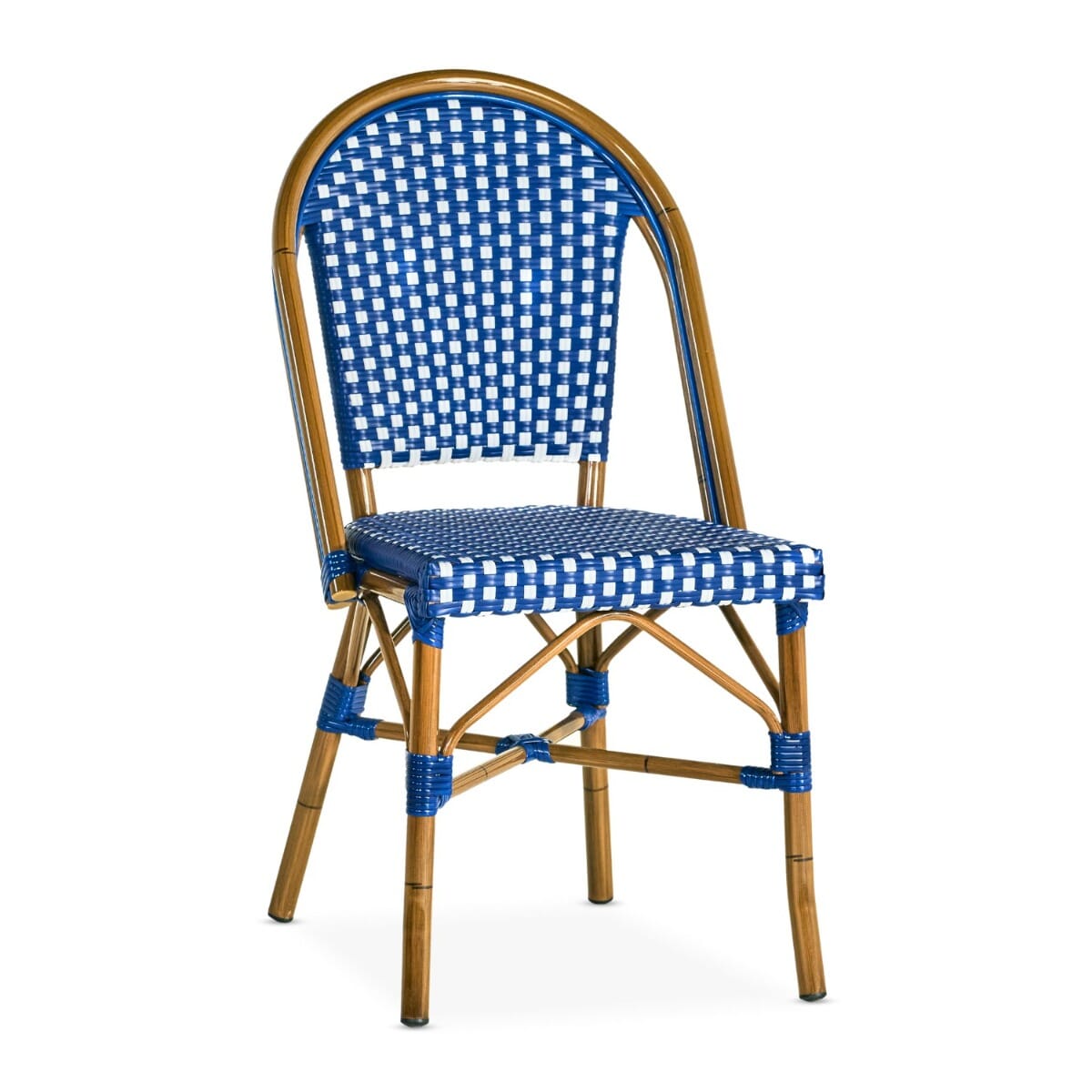 Stackable Curved Back Synthetic Wicker Bamboo Commercial Outdoor Chair Blue White